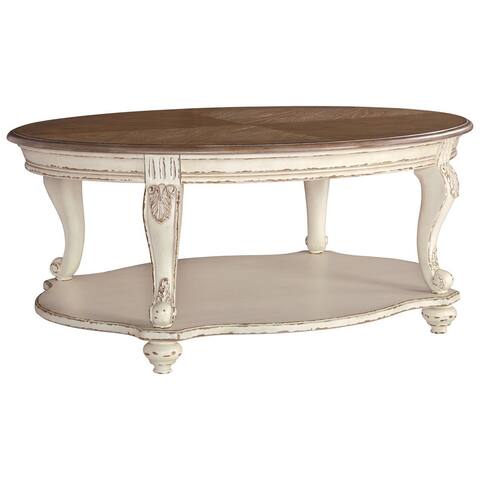Two Tone Oval Cocktail Table with Bottom Shelf, Antique White and Brown ...