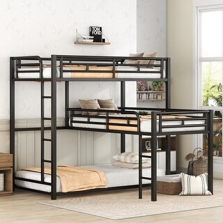 L-Shaped Metal Twin Size Triple Bunk Bed with Integrated Ladder, Full ...