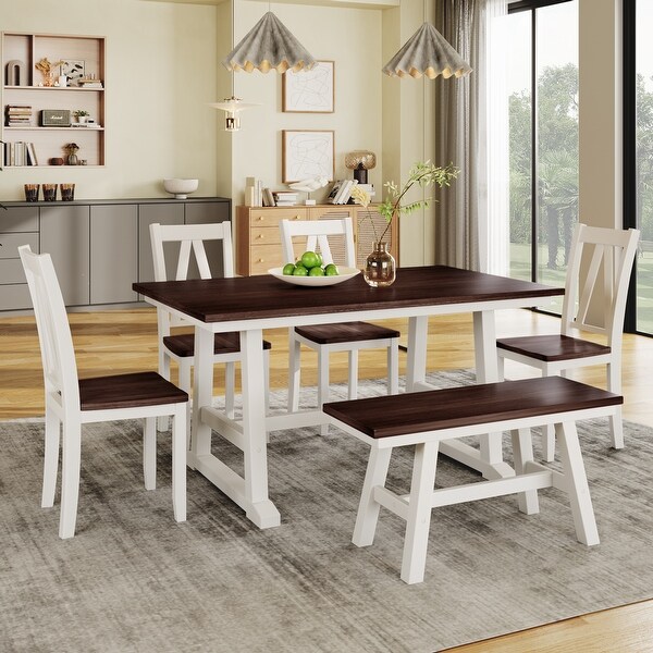 6 Piece Wood Dining Table Set Kitchen Table Set with Long Bench and 4 Dining Chairs Farmhouse Style Bed Bath Beyond 40750185