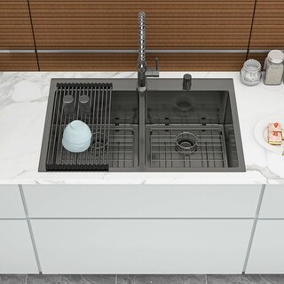 Double Bowl Drop in Sink- 33 inch Gunmetal Black Kitchen Sink ...