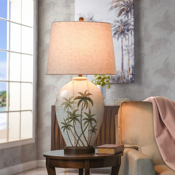 Patina Palms Table Lamp - Coastal Off-White and Palm Tree Design ...