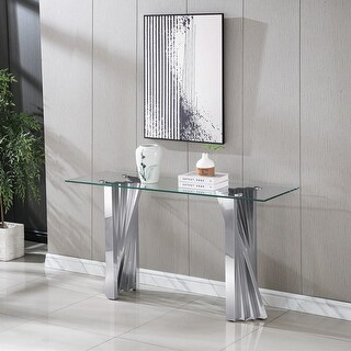Minimalist Glass Table with Stainless Steel Base - Bed Bath & Beyond ...