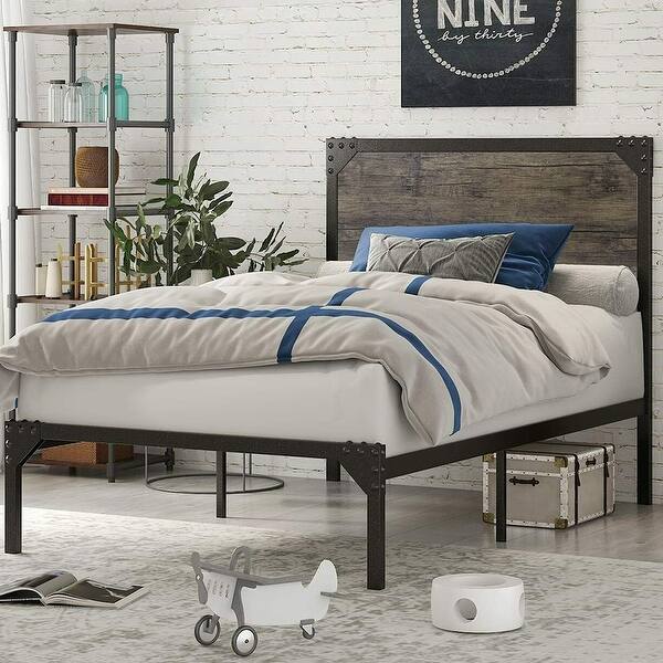 Twin Industrial Bed Frame with Rivet Headboard, 13 Metal Slats, Brown ...