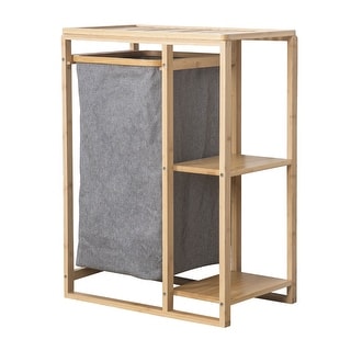 Bamboo Laundry Hamper Table with Storage Shelves and Sliding Bag - Bed ...