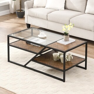 Black Coffee Table with Storage Shelf, Tempered Glass & Wooden Coffee ...