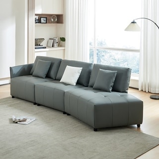 Luxury Real Leather Sectional Upholstered Sofa 3 Seat Dark Gray Button ...