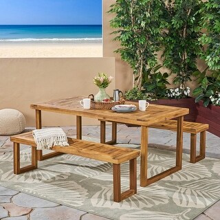 3-Piece Acacia Wood Picnic Dining Set with Benches - Bed Bath & Beyond ...