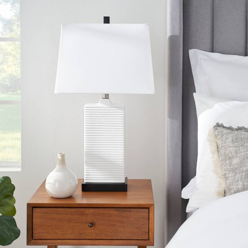 Nourison 27" White Ridged Rectangular Block Table Lamp - Overstock ...