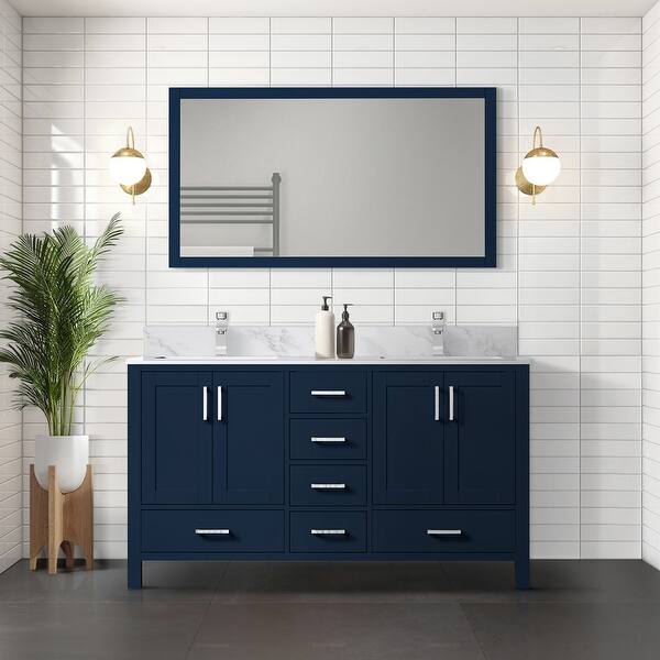 Jacques 60 in. W x 22 in. D Navy Blue Double Bath Vanity and Carrara ...
