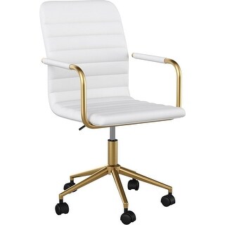 White Faux Leather Swivel Task Chair with Armrests and Polished Brass ...