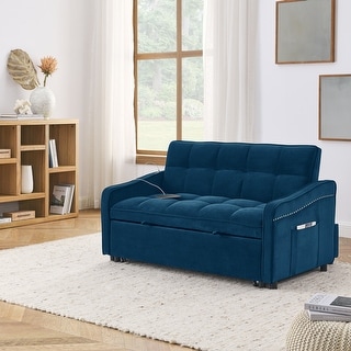 Blue Velvet Chair Bed with Pull-out Chaise Lounge Loveseat, Pocket ...