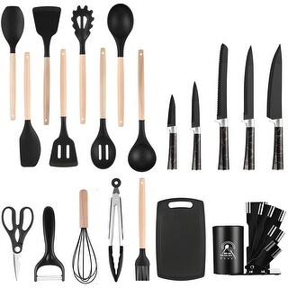 20-Piece Silicone Kitchen Utensils Set and Knives Set with Block - Bed ...