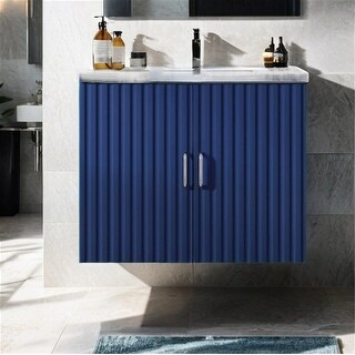 30" Striped Navy Blue Bathroom Vanity with White Ceramic Sink, Wall ...