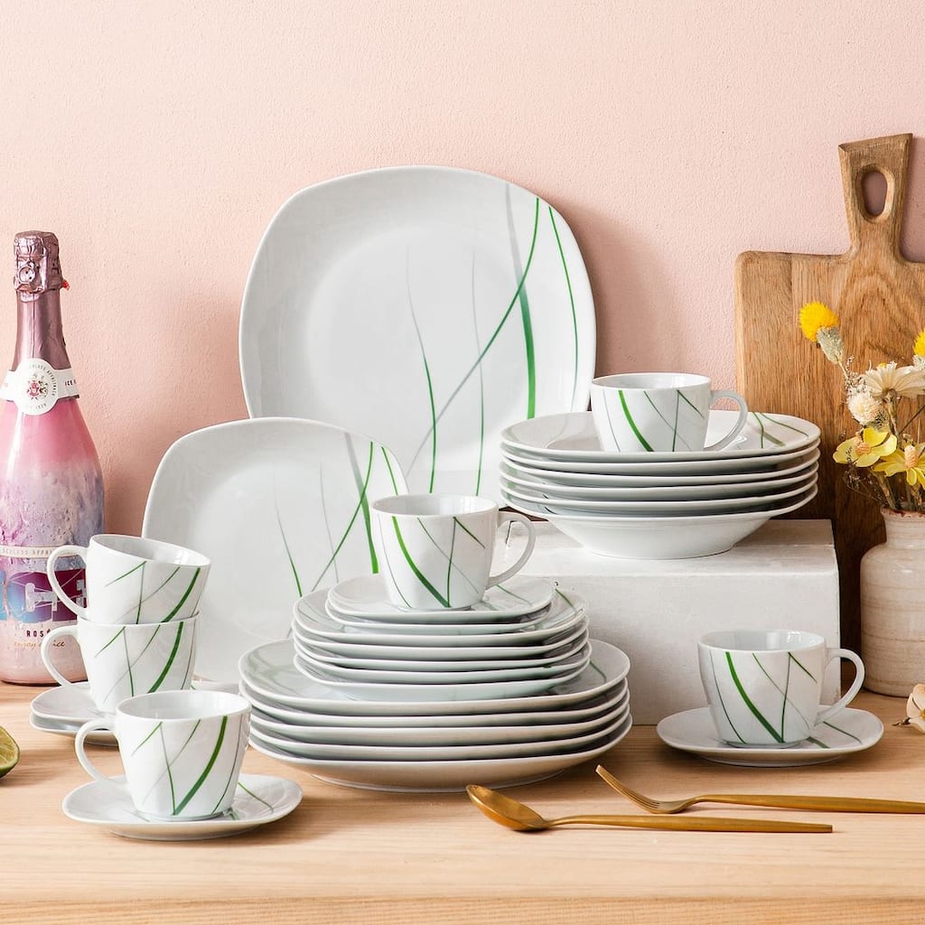 VEWEET 60-Piece Green Stripe Patterns Porcelain Dinnerware Set ...