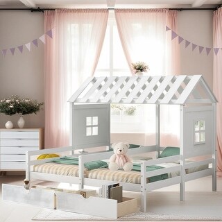 Twin Size House Shape Platform Bed with 2-Drawers for Children, Wooden ...