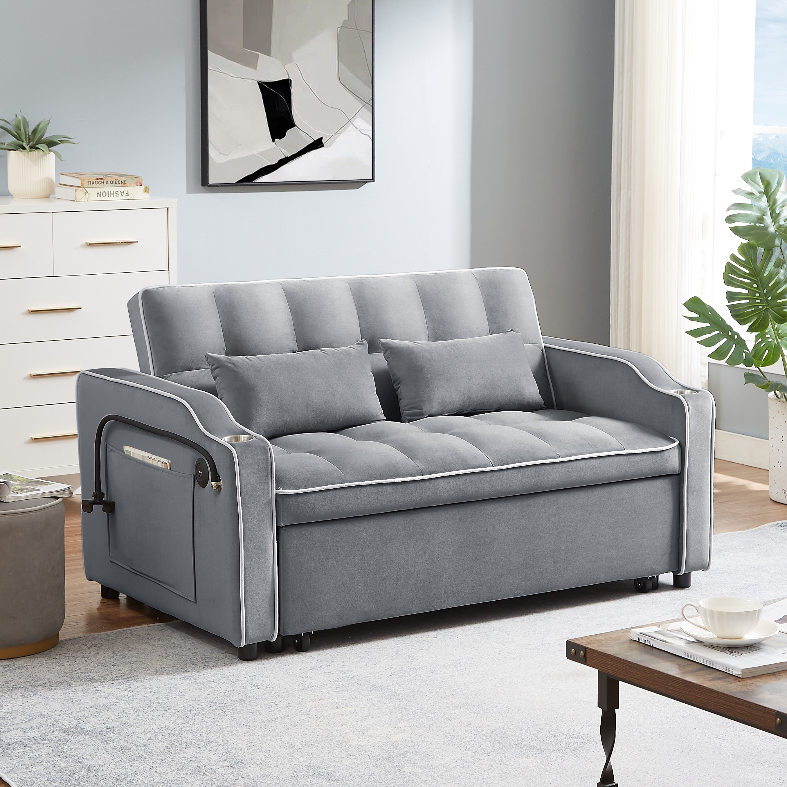 Gray Velvet Pull Out Sleeper Sofa w/ USB Port, Swivel Phone Stand - Bed ...