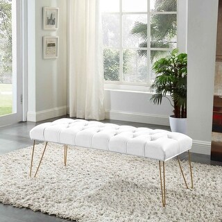 White Velvet Button-Tufted Bench with Gold-Capped Legs - Bed Bath ...