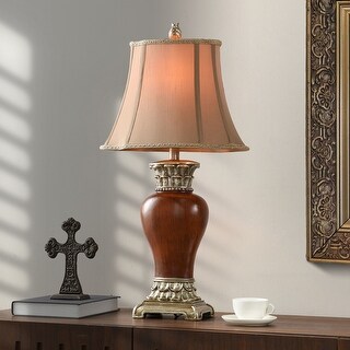 StyleCraft Table Lamp - Warm Cherry Coffee Finish - Taupe Shade - Bed ...
