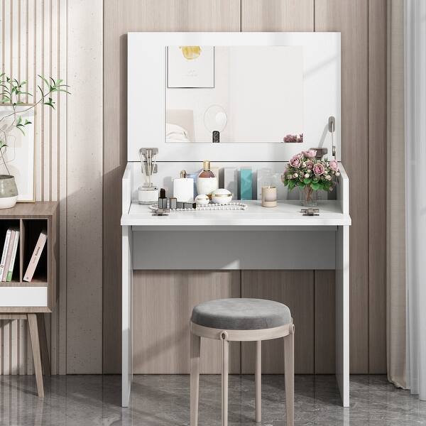 Modern White Flip Top Vanity Set with Jewelry Storage and Versatile ...