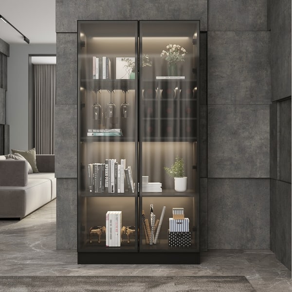 Modern Display Cabinet with Pop-up Glass Doors and Wine Rack Lighted ...
