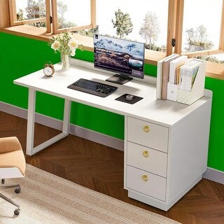 White MDF Computer Desk with 3 Storage Drawers and Metal Frame for Home ...