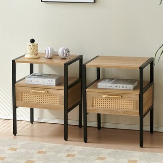 Natural MDF Modern Bedside Table with Drawers Metal Legs Set of 2 - Bed ...
