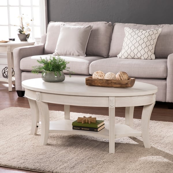 SEI Furniture Sedum Whitewash Wooden Oval Coffee Table with Shelf - Bed ...