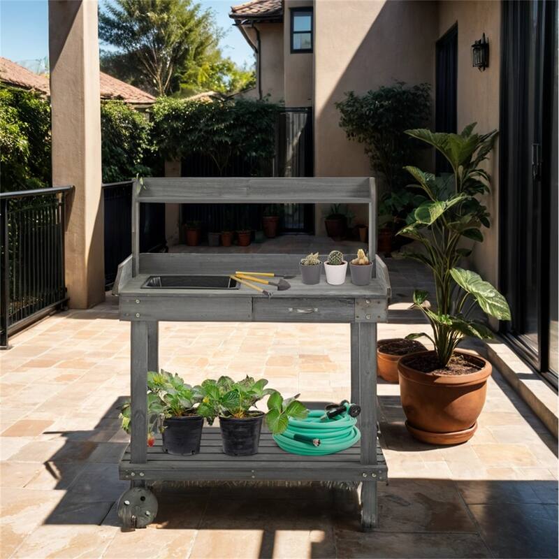 Outsunny 36'' Wooden Potting Bench Work Table with 2 Removable Wheels ...