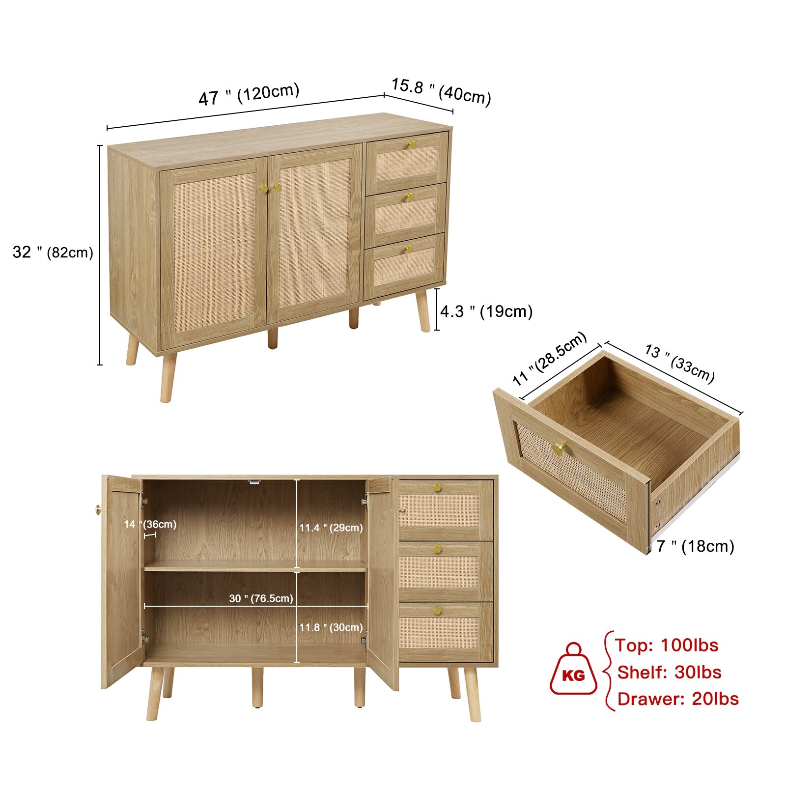 Anmytek Mid Century Modern 2 Door Wood Rattan Buffet Sideboard Kitchen Storage Cabinet with 3 Drawers