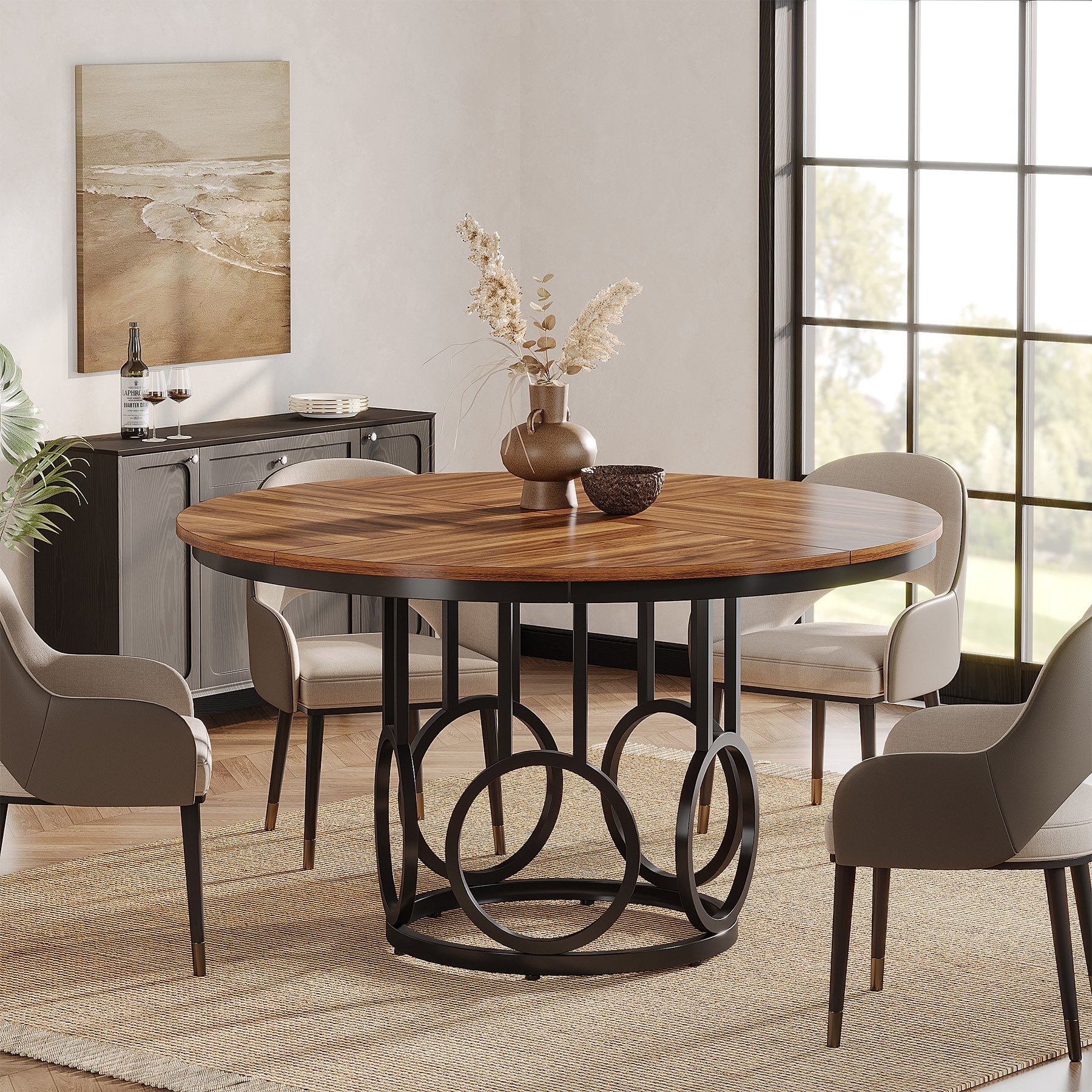 47 Round Dining Table for 4 6 with Sturdy Metal Base for Dining Room