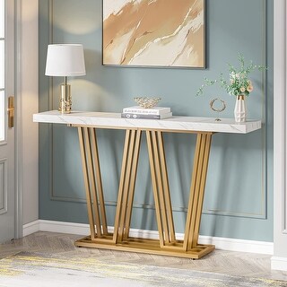 Modern Console Table, White Narrow Sofa Table Behind Couch Faux Marble ...