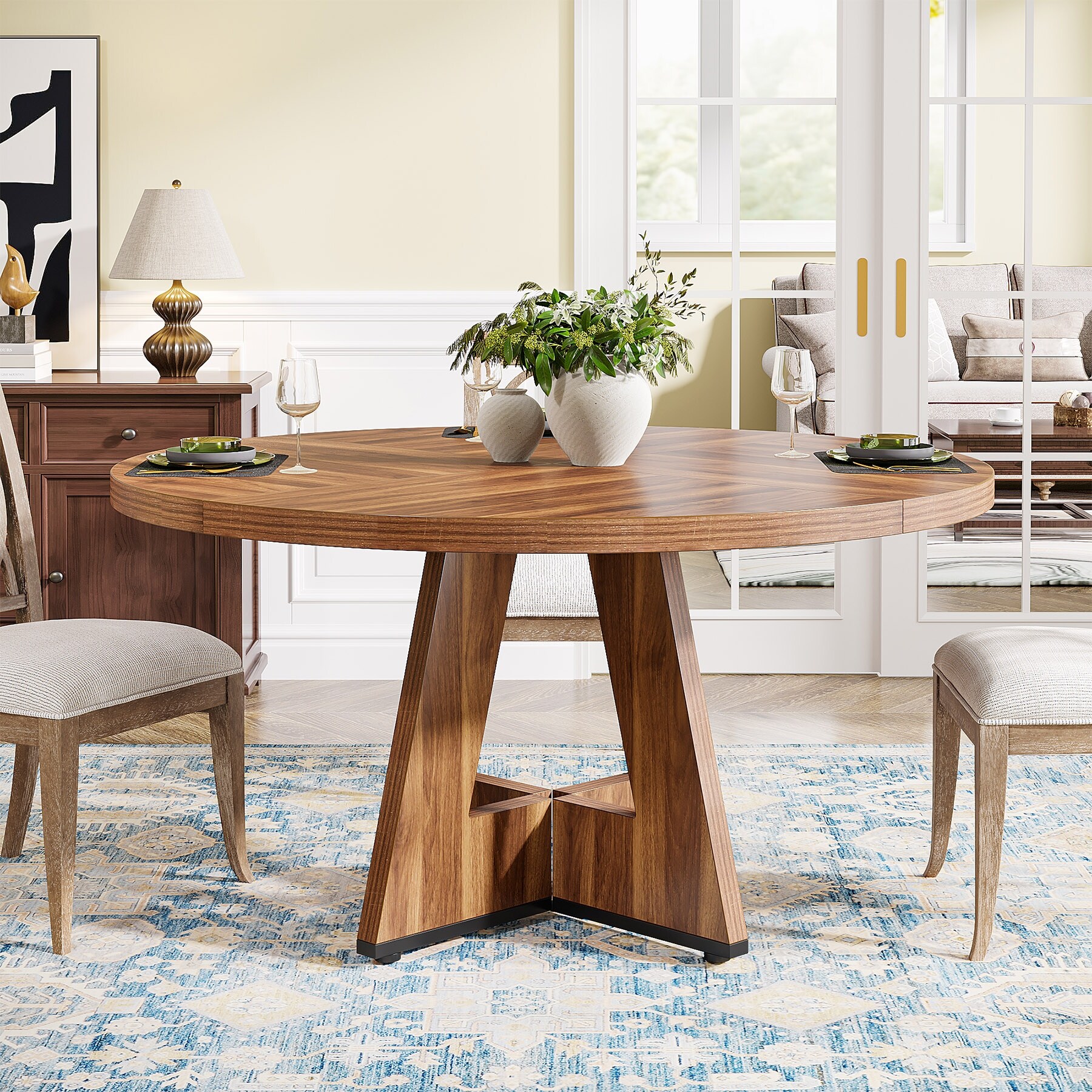 Round Dining Table for 4 47 Inch Farmhouse Kitchen Table Retro Brown