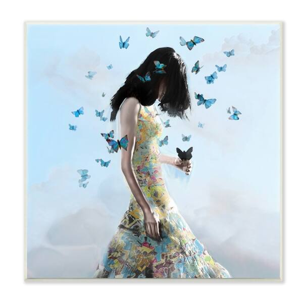 Stupell Peaceful Blue Butterflies Fluttering Woman Gown Dress Wood Wall ...