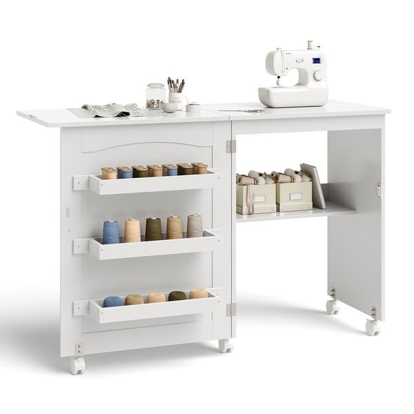 Costway White Folding Sewing Craft Table with Storage Shelves Cabinet ...