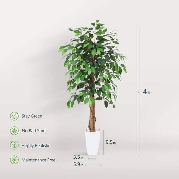 Artificial Ficus Tree 4FT Tall Faux Silk Plant with White Taper Planter ...