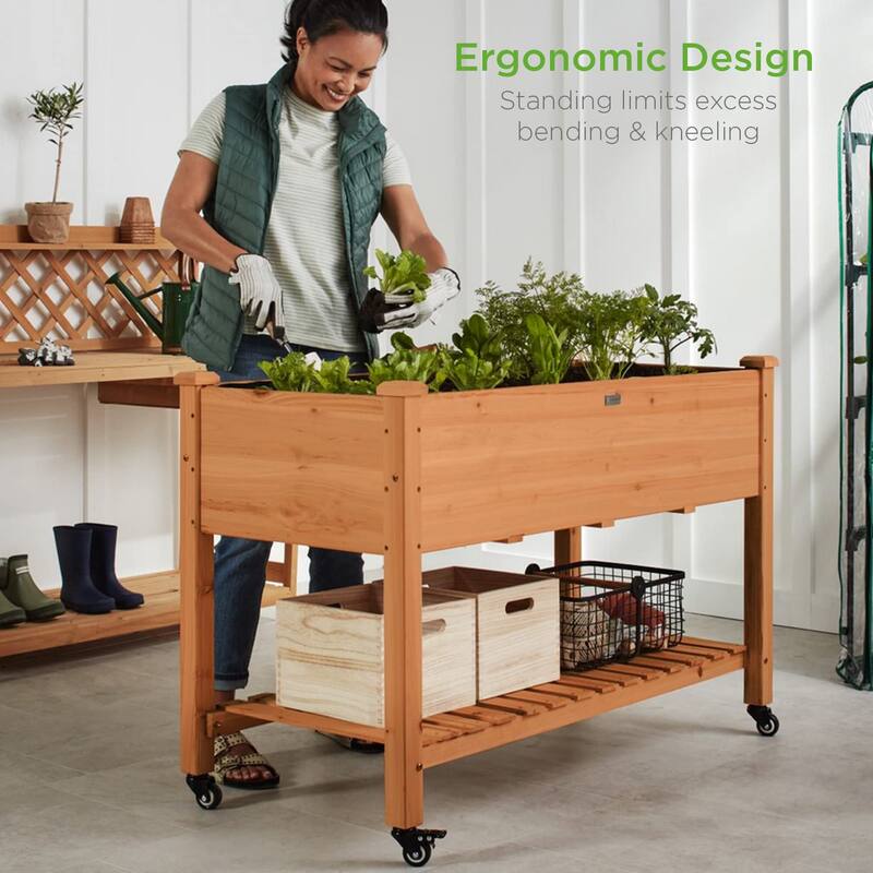 Raised Garden Bed 48x24x32 Inch Mobile Elevated Wood Planter W Lockable