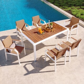 7 Piece Patio Dining Table Set, Rectangle Acacia Wood Table with Weave ...