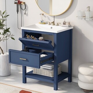 Blue Small Single Sink Bathroom Vanity with 2 Drawers and Shelves - Bed ...