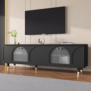 Stylish Media Console with Gold Handles and Arch Fluted Glass Doors ...