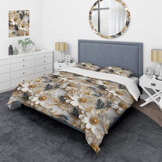 Designart "Golden White And Blue Flowers Elegance" White Glam Bedding ...
