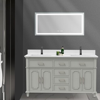 60 inch Wood Vanity Cabinet with 2 Marble Sink & Drawers in Grey - Bed ...