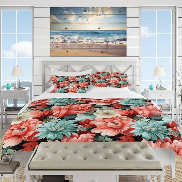Designart "Coral Serenade Tropical Pattern III" Pink Floral Bed Cover ...