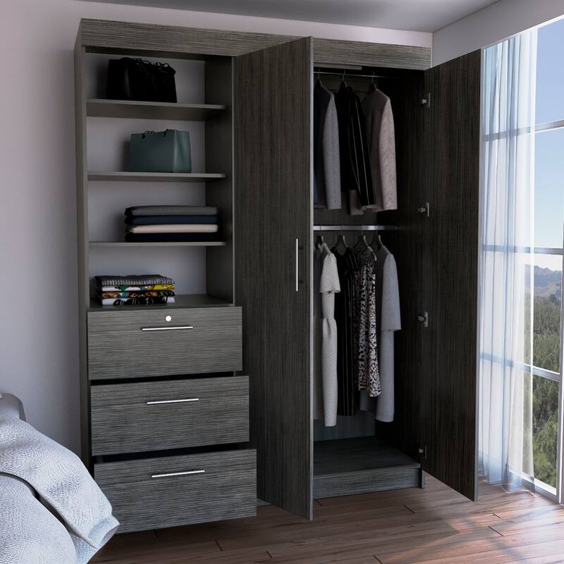 Kenya 3 Drawer Armoire, Double Door, 3-Tier Shelf for Bedroom ...