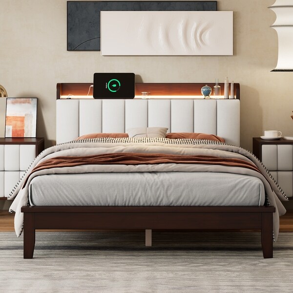 Full Queen size Platform Bed with USB Charging and Storage Upholstered Headboard LED Bed Frame Bed Bath Beyond 39074579