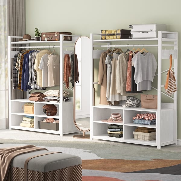 Metal Wood Free-standing Closet Clothing Rack Closet Organizer System ...