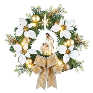 White & Gold Lighted Nativity Floral Wreath - Green - 16" x 5.5" x 16 ...