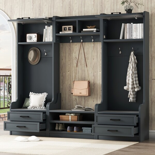 Versatile Entryway 4 in 1 Hall Tree with Storage Cabinets Drawers Hooks Dark Blue