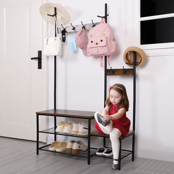 Parent-Child Hall Tree Bench Entryway Bench with Coat Rack 3-in-1 Hall ...