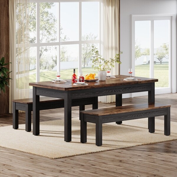 Farmhouse Dining Table Set for 4 6 Kitchen Table with 2 Benches