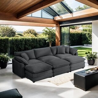 Sectional Deep Seat 3-Seater Sofa with 3 Ottomans and Armrests, Grey ...